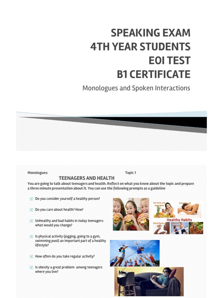 Speaking Exam 4Th Year Students Eoi Test B1 Certificate: Monologues and ...
