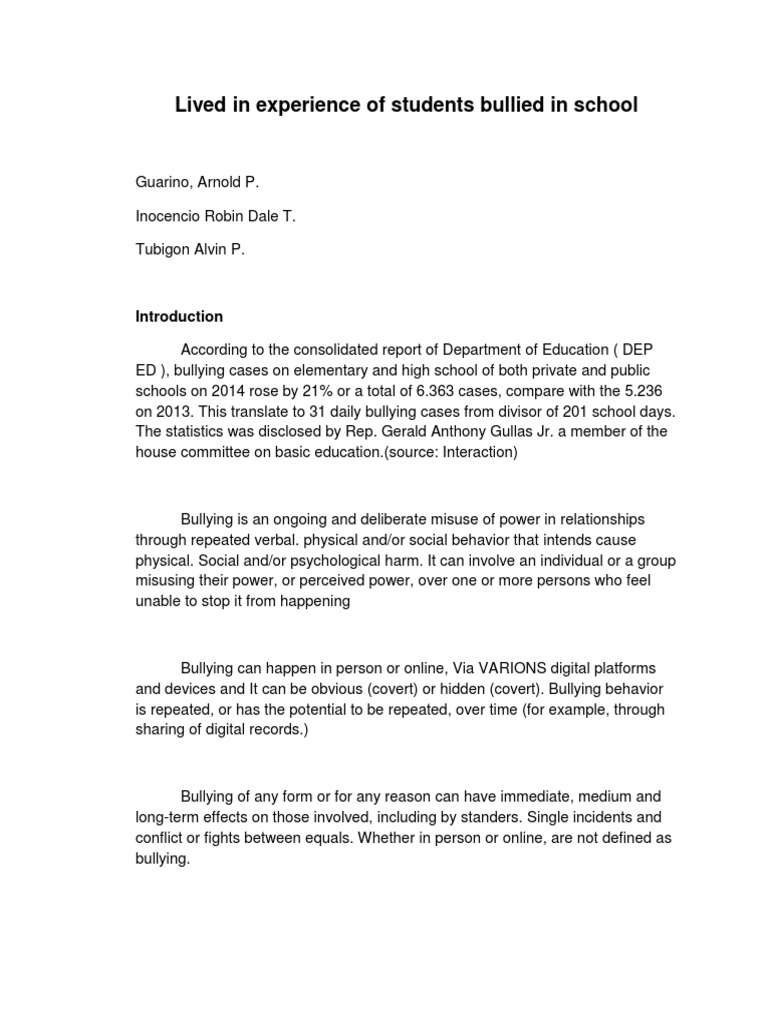 Lived in Experience of Students Bullied in School | PDF | Bullying ...
