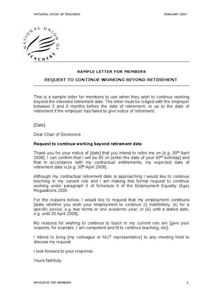 Request To Continue Working Beyond Retirement: Sample Letter For ...