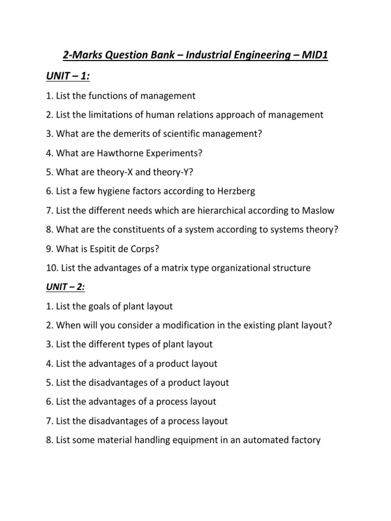 2-Marks Question Bank - Industrial Engineering - MID1 UNIT - 1 | PDF