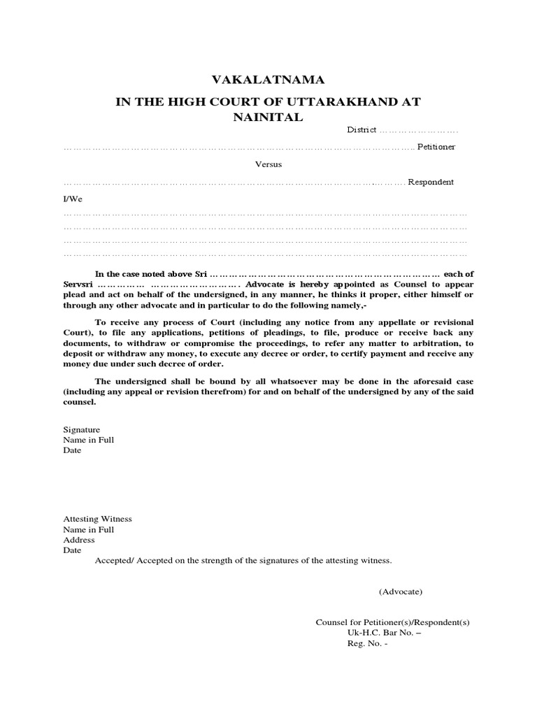 High Court Vakalatnama Format | PDF