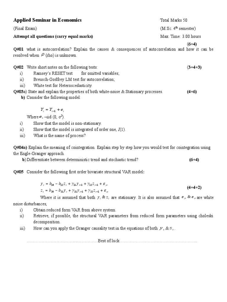 Economics Seminar Exam Questions | PDF