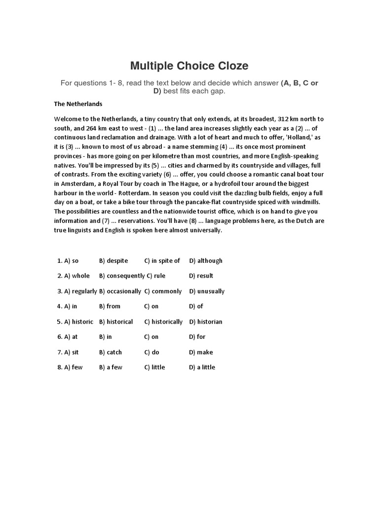 Multiple Choice Cloze: For Questions 1-8, Read The Text Below and ...