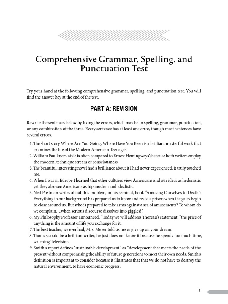 Comprehensive Grammar, Spelling, and Punctuation Test: Part A: Revision ...