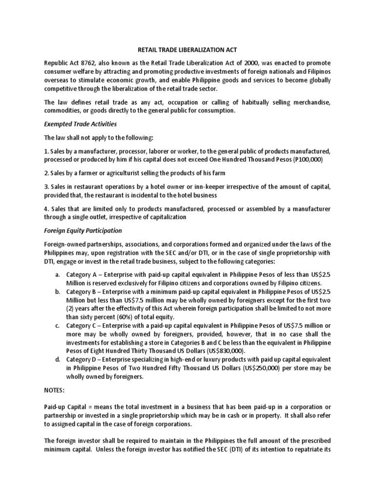 Retail trade liberalization act opens foreign investment | PDF ...