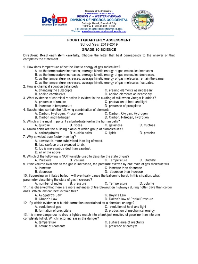 Grade 10 Science Q 4 SY 18-19 | PDF | Gases | Chemical Reactions
