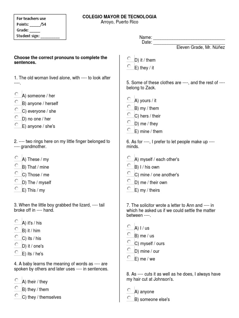 Pronouns Test | PDF