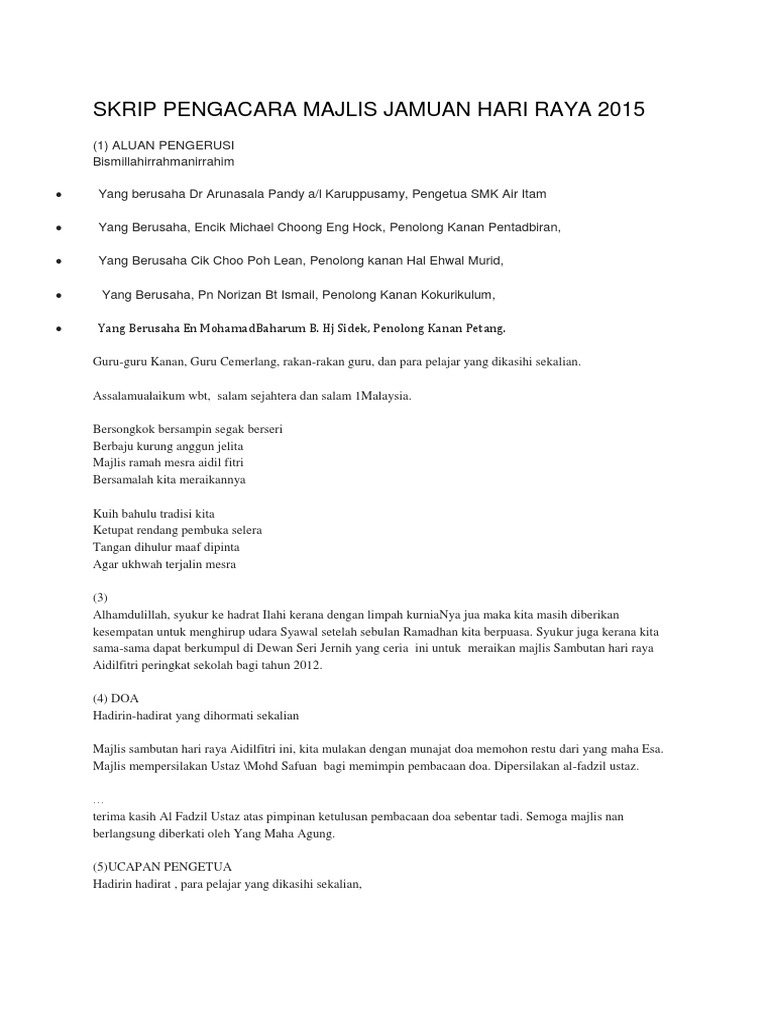Skrip Pengacara Majlis Jamuan Hari Raya 2015 | PDF