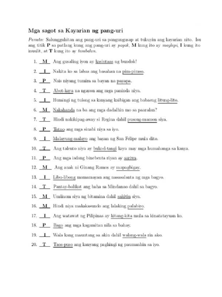 Kayarian NG Pang Uri Worksheet | PDF