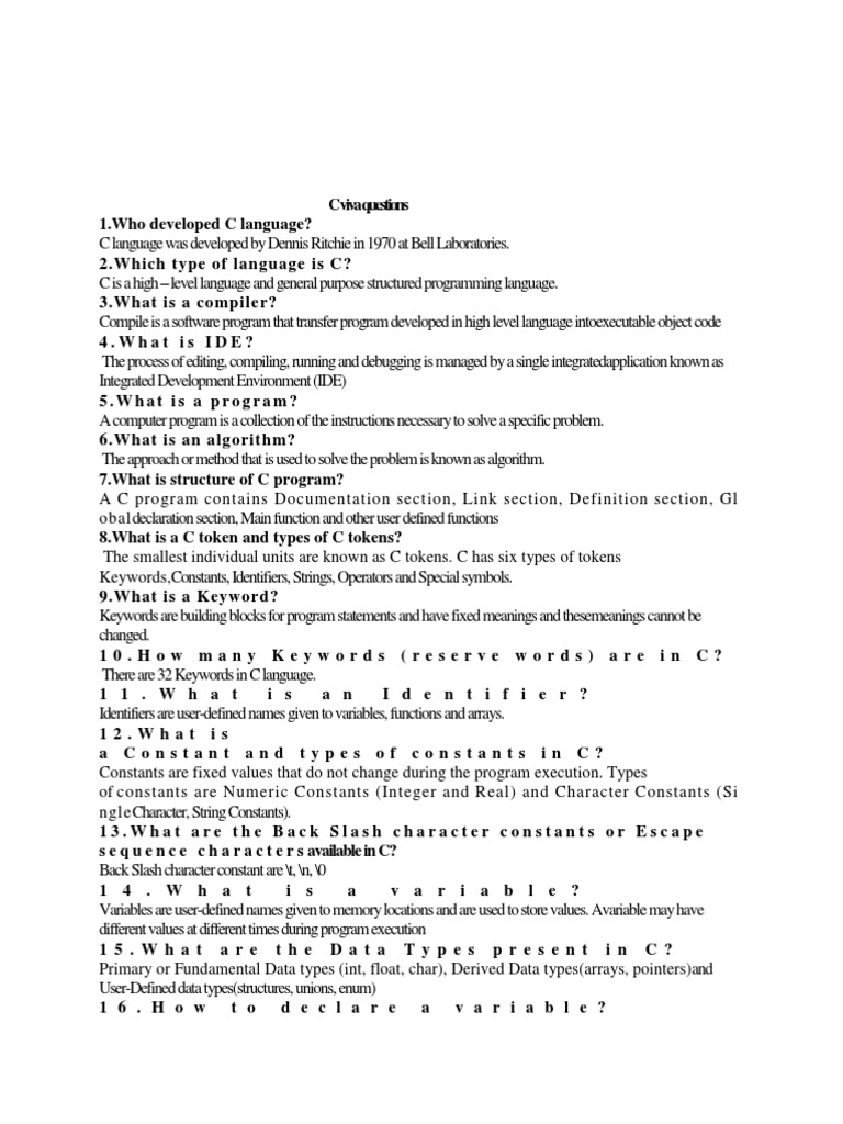 C Viva Questions Pdf C Programming Language Pointer Computer Programming