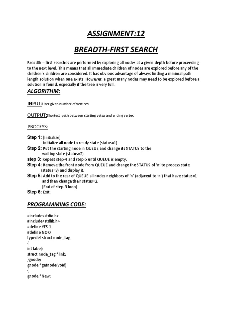 Assignment:12 Breadth-First Search: Algorithm | PDF | Vertex (Graph Theory) | Mathematical Relations