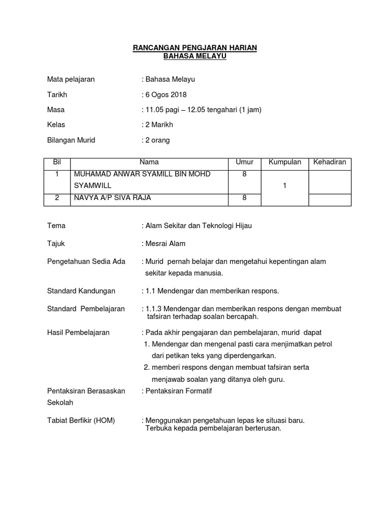 RPH BM Tahun 2 Tema 6 | PDF