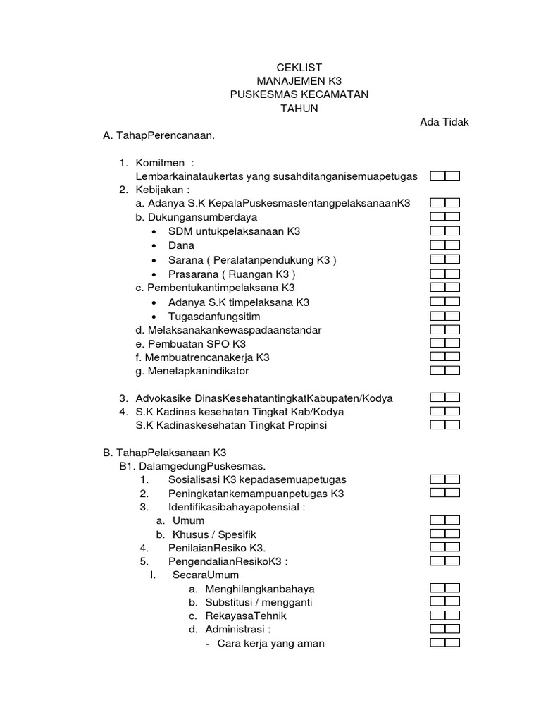 CEKLIST K3 Puskesmas | PDF