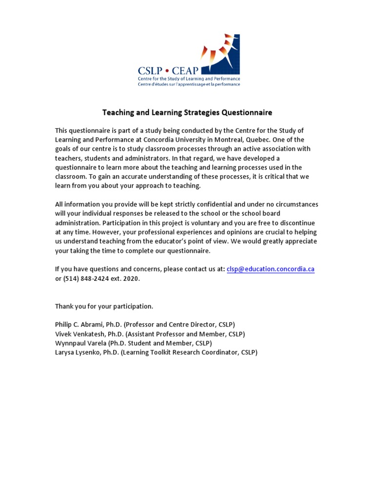 Teaching and Learning Strategies Questionnaire Insights | PDF ...