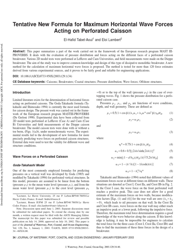 Tentative New Formula For Maximum Horizontal Wave Forces Acting On ...