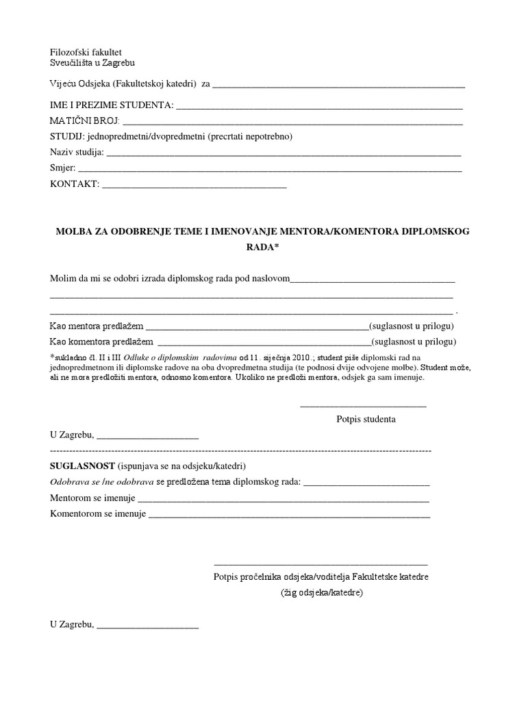 Molba Za Odobrenje Teme Diplomskog Rada I Imenovanje Mentora | PDF
