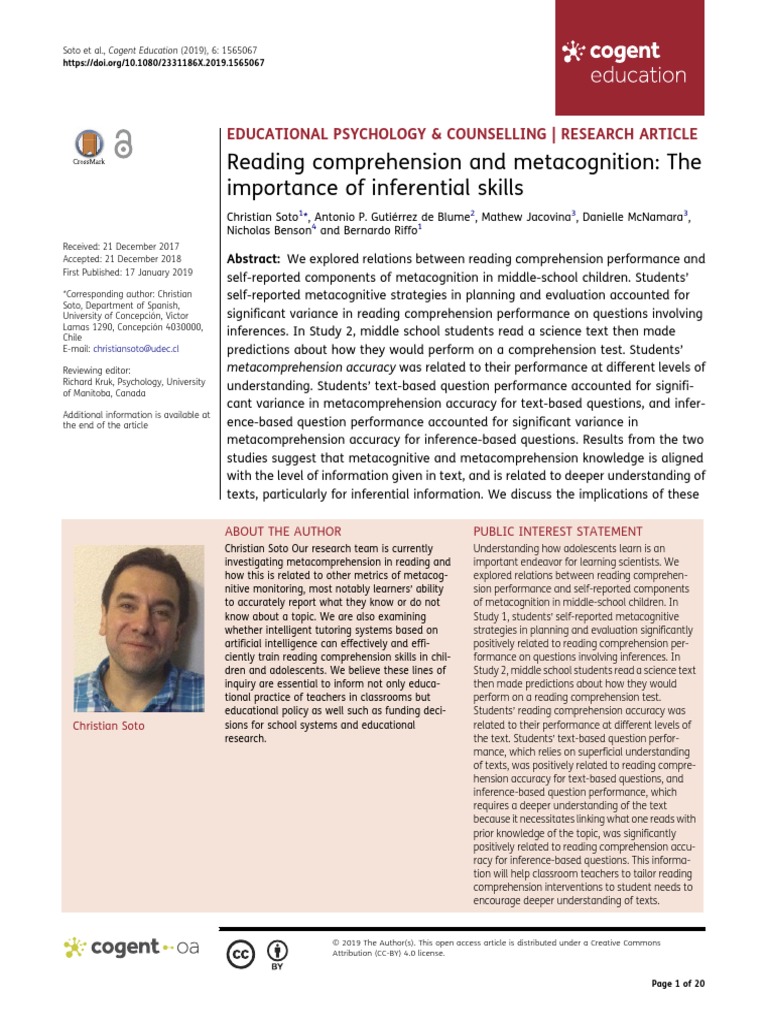 Reading Comprehension and Metacognition: The Importance of Inferential Skills | PDF ...
