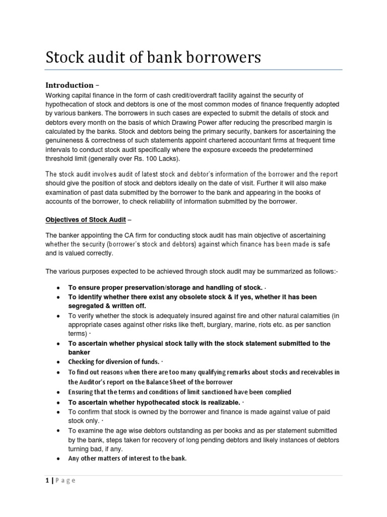 Stock Audit of Bank Borrowers: Introduction | PDF | Audit | Stocks
