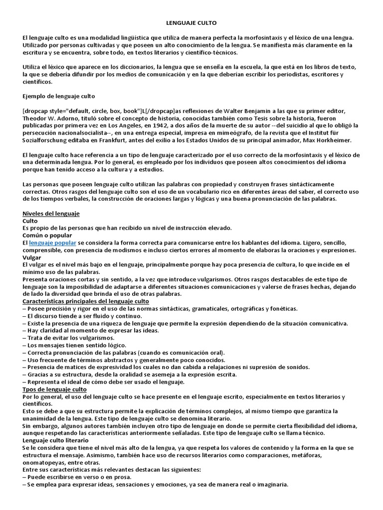 Lenguaje Culto | PDF | Oración (Lingüística) | Léxico