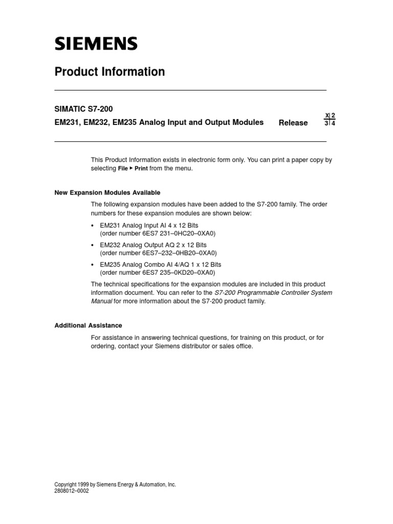 Product Information: SIMATIC S7-200 EM231, EM232, EM235 Analog Input ...