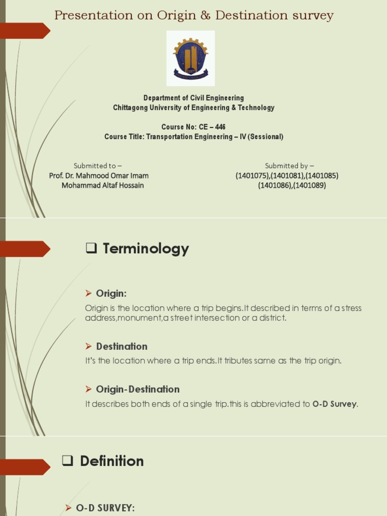 Presentation On Origin & Destination Survey | PDF | Transport | Road ...