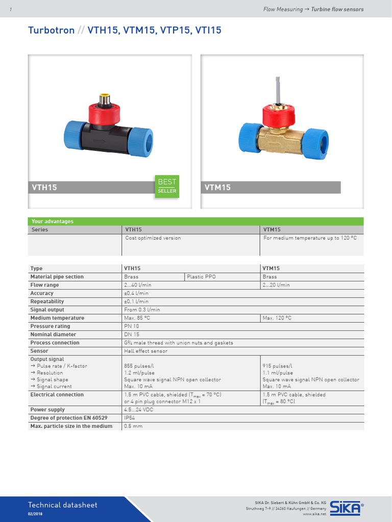 Datasheet Flow Turbine Flow Sensors Turbotron VT15 | PDF | Sensor ...