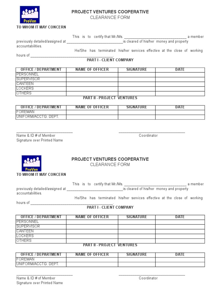 Project Ventures Cooperative: Clearance Form | PDF | Business