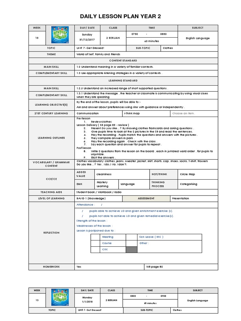 Daily Lesson Plan Year 2: Choose An Item | PDF | Lesson Plan | Question