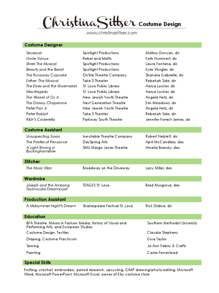 Christina Sittser Costume Design Resume | PDF | Leisure | Theatre