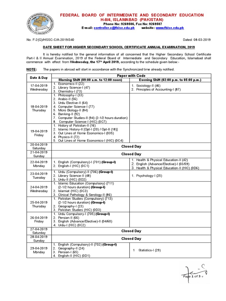 HSSC Date Sheet 2019 - Federal Board | PDF | Science & Mathematics ...