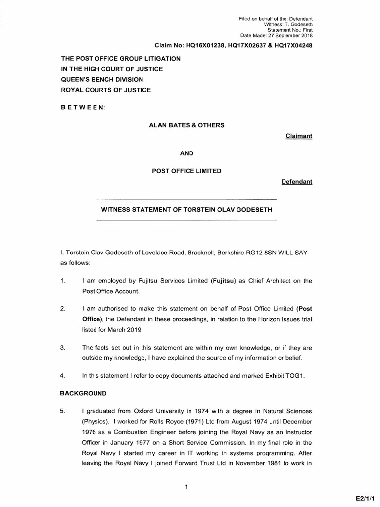 Horizon Trial: Torstein Godeseth 1st Witness Statement | PDF | Database ...