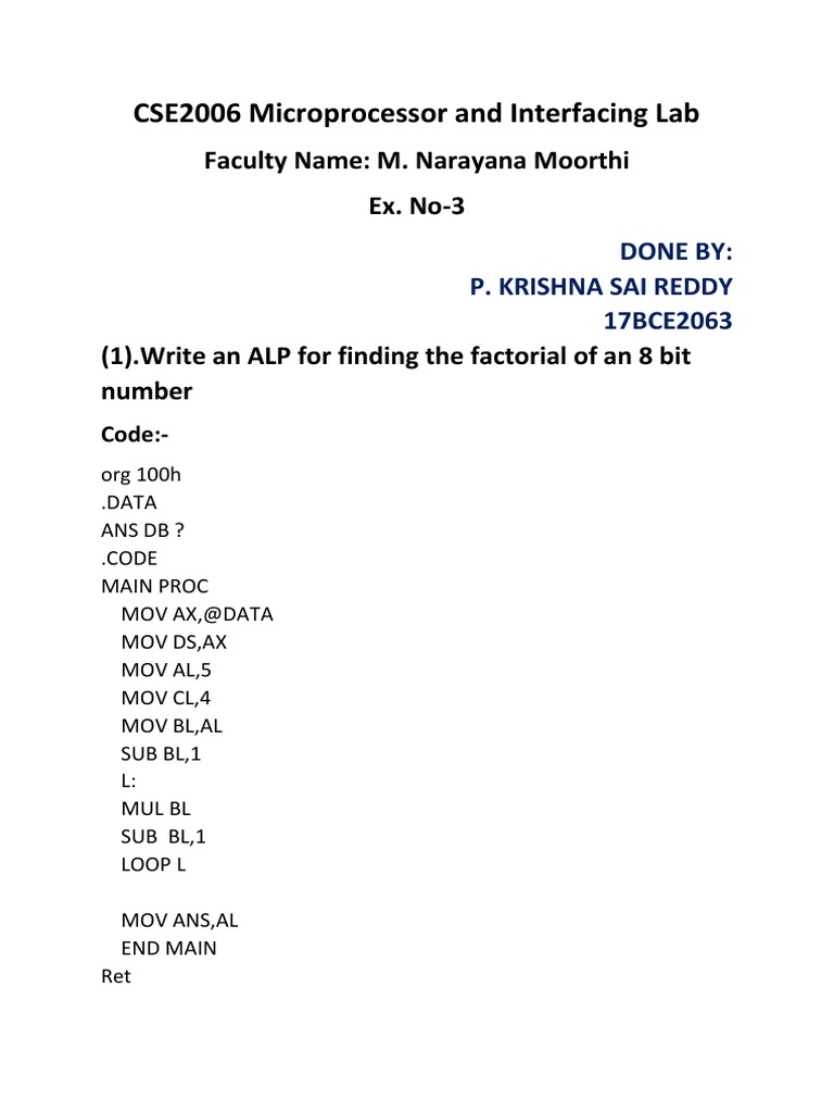 CSE2006 Microprocessor and Interfacing Lab: Faculty Name: M. Narayana Moorthi Ex. No-3 | PDF ...