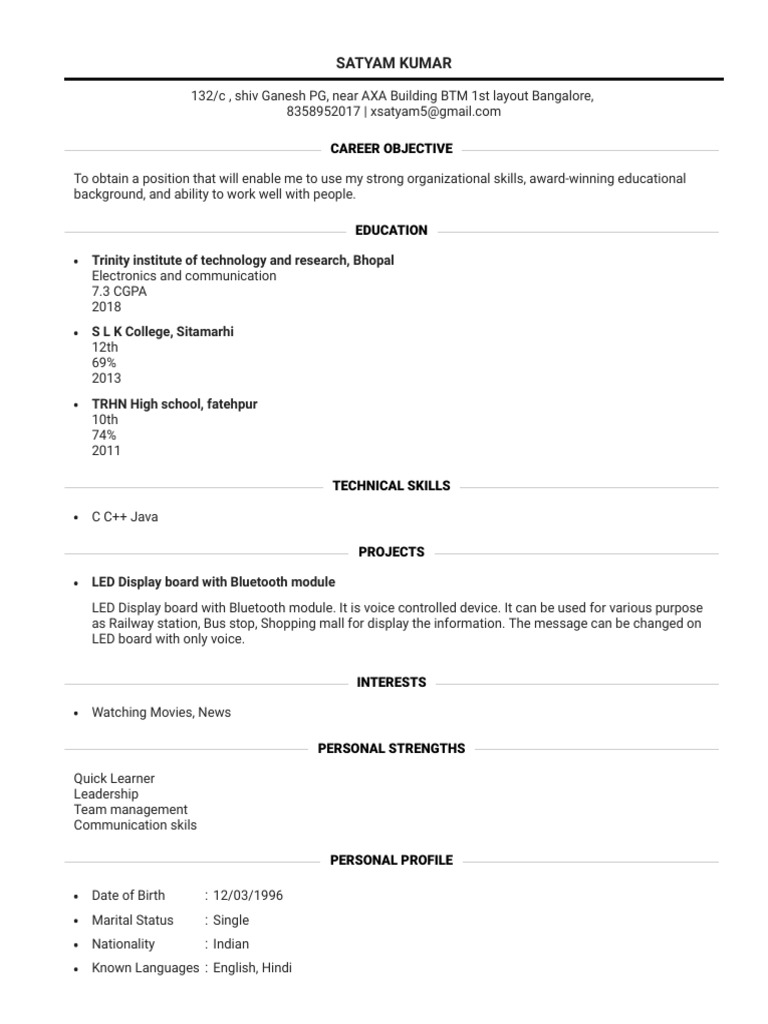 Trinity Institute of Technology and Research, Bhopal: Satyam Kumar | PDF