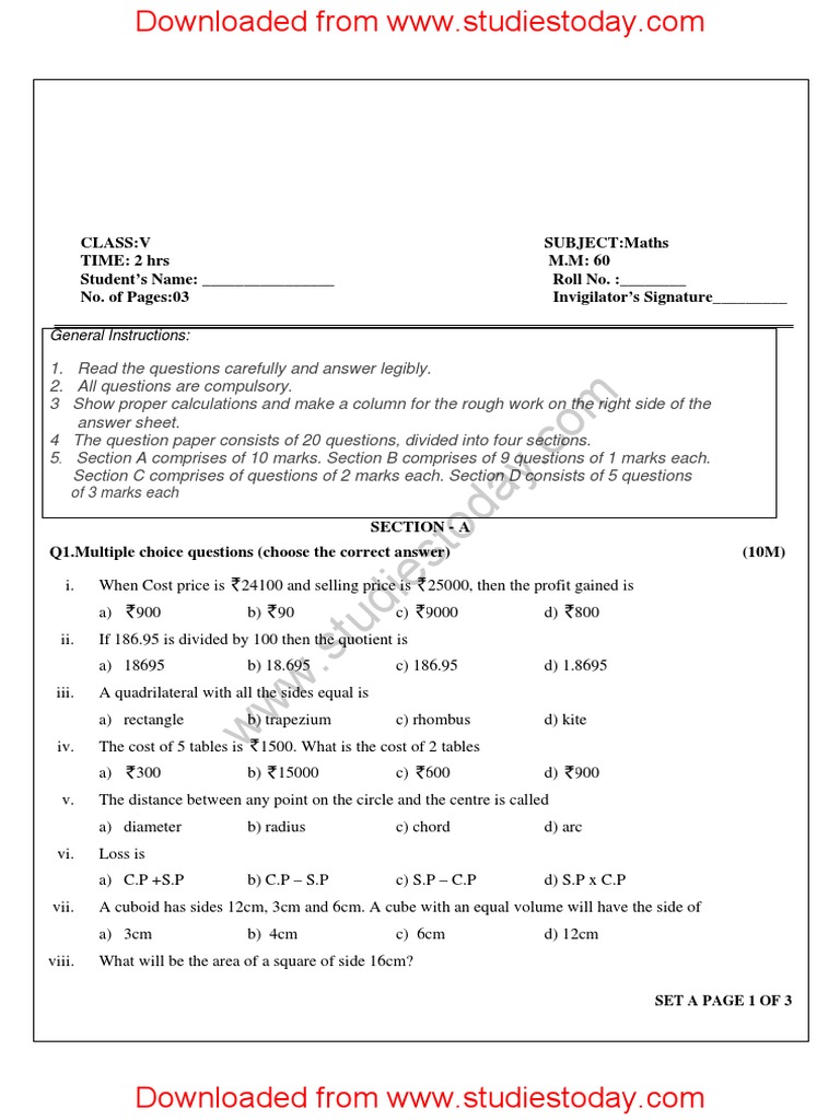 CBSE Class 5 Mathematics Sample Paper Set C | PDF | Rectangle | Triangle