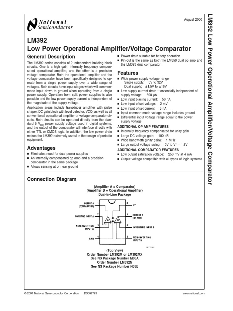 LM392 Low Power Operational Amplifier/Voltage Comparator: General ...