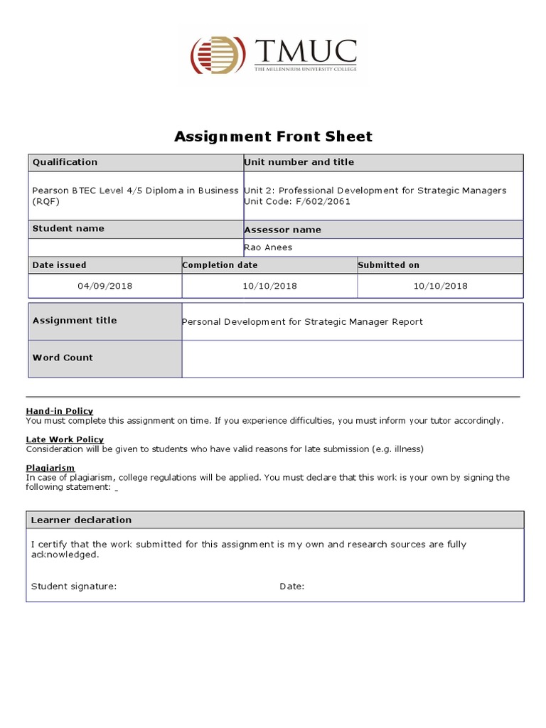 Assignment Front Sheet: Qualification Unit Number and Title | PDF