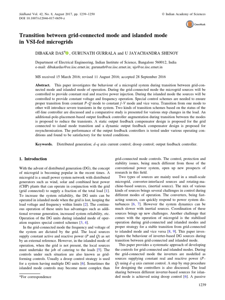 Transition Between Grid-Connected Mode and Islanded Mode in VSI-fed Microgrids | PDF | Control ...