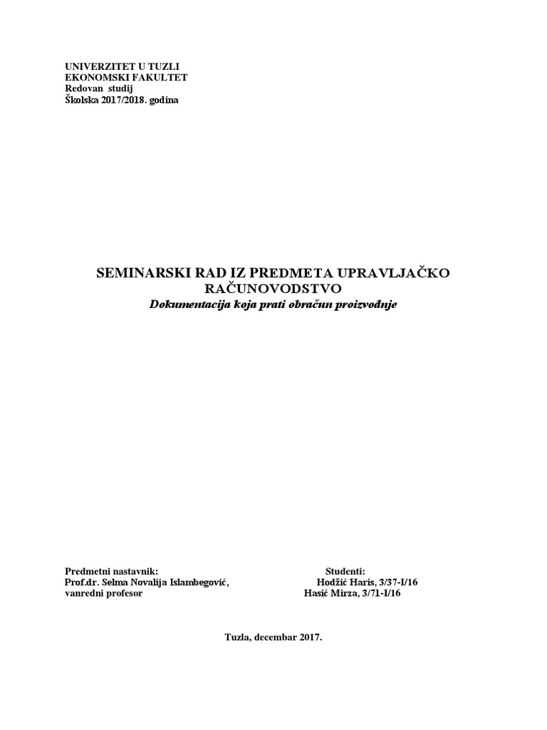 Haris - Mirza Dokumentacija Koja Prati Obracun Prozivodnje | PDF
