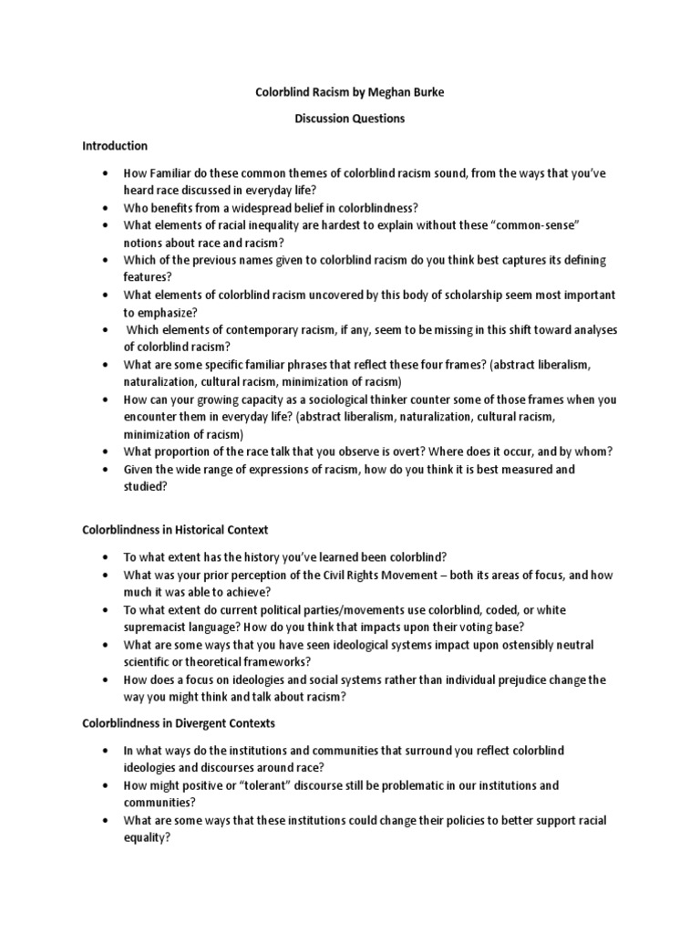 Colorblind Racism Discussion Questions | PDF | Racism | Discrimination ...