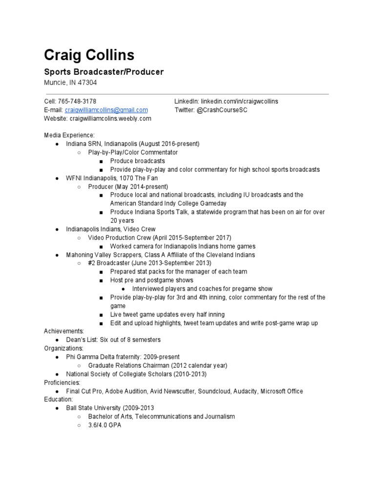 Craig Collins Media Resume | PDF | Games & Activities