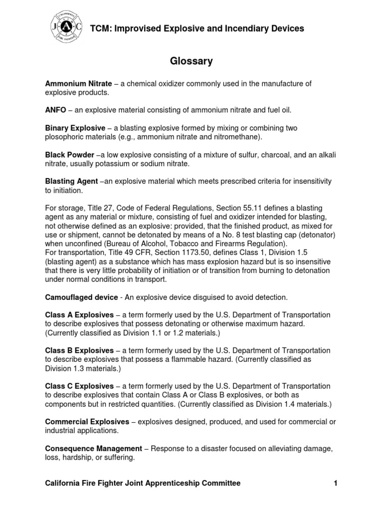 Glossary: TCM: Improvised Explosive and Incendiary Devices | PDF ...