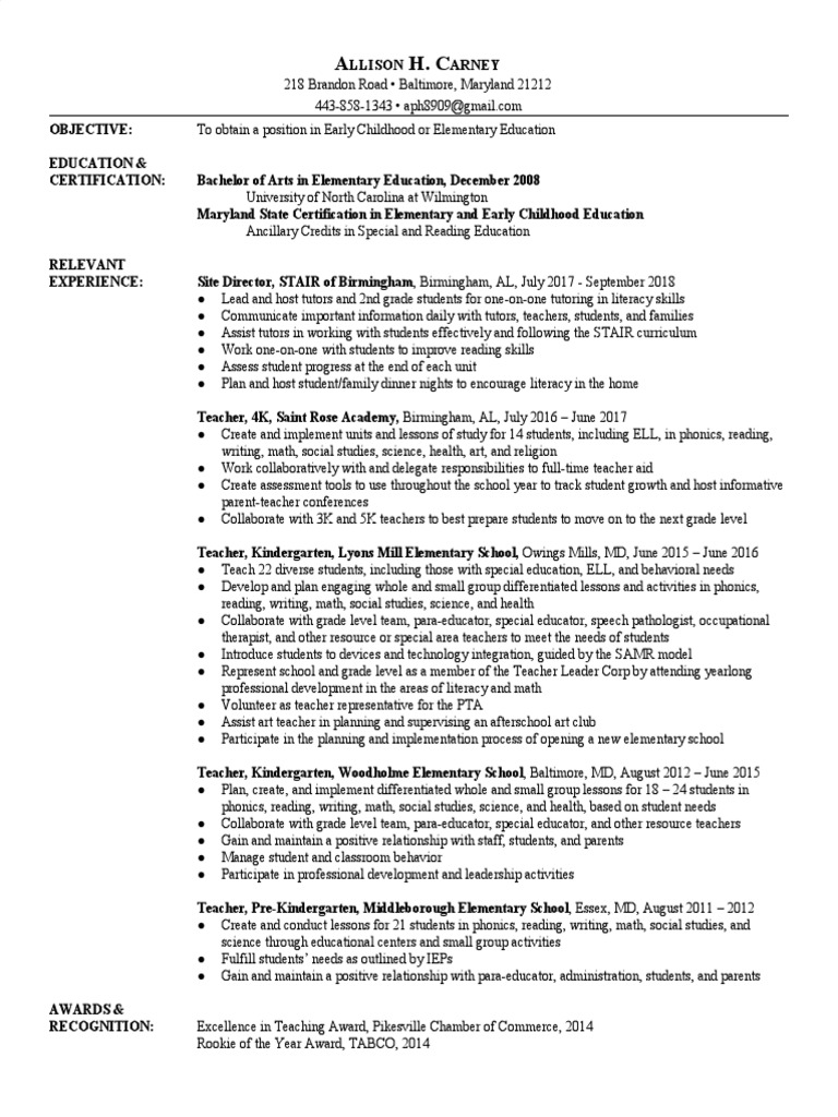 Allison H Carney Resume 1-28-19 | PDF | Teachers | Primary Education