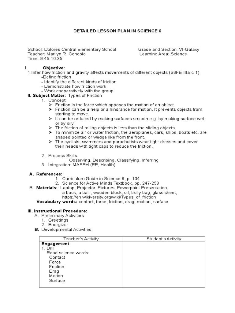 Detailed Lesson Plan in Science 6 | PDF | Friction | Force
