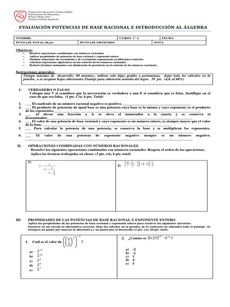 Prueba Potencias de Base Racional y Algebra 1A | PDF | Exponenciación ...