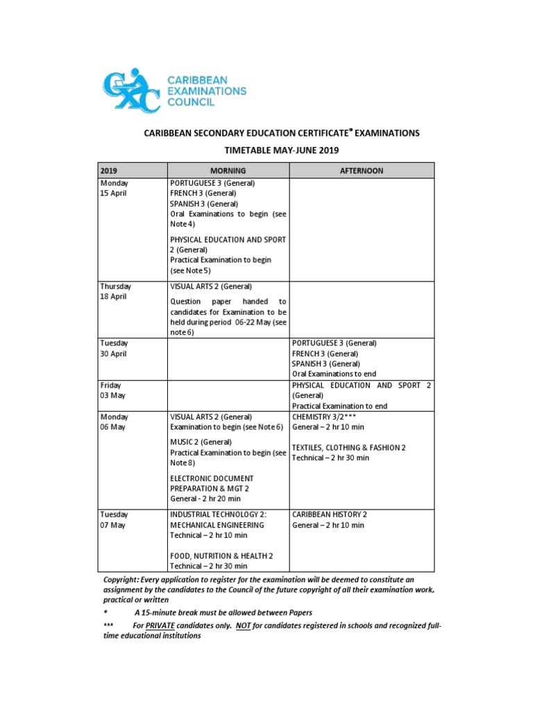 Csec Timetable 2019