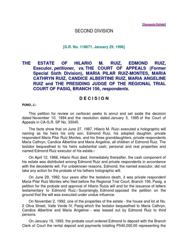 Heirs of Hilario Ruiz vs. Edmond Ruiz 252 SCRA, January 1996 | PDF ...