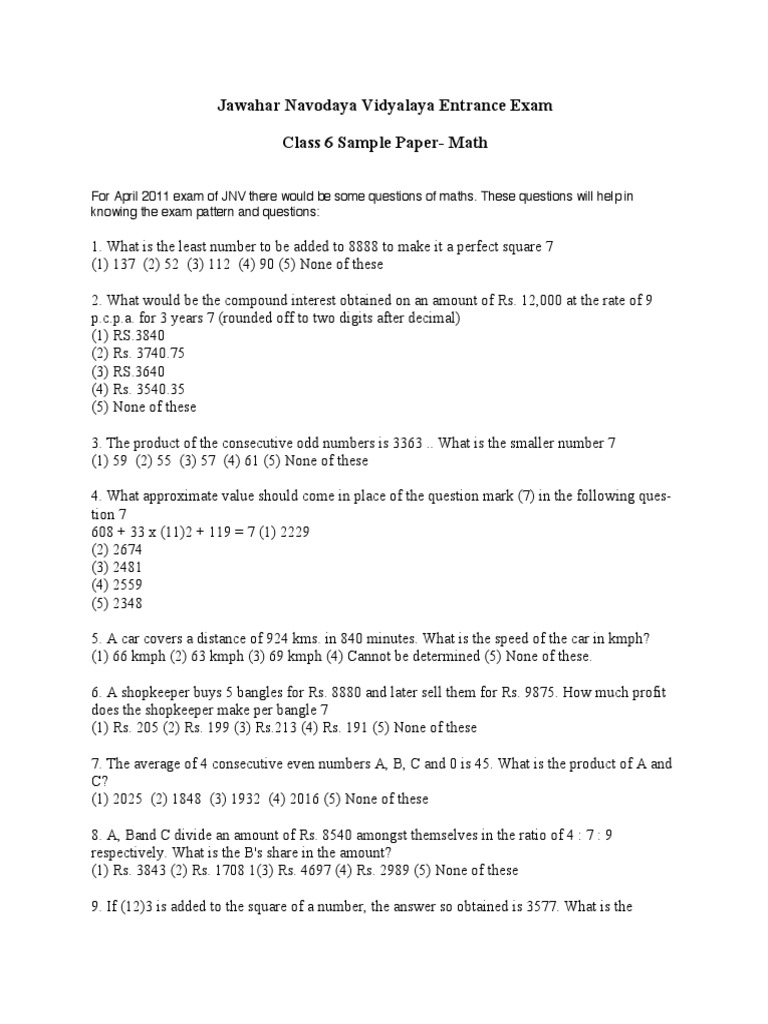 Jawahar Navodaya Vidyalaya Entrance Exam Class 6 Sample Paper Math PDF ...