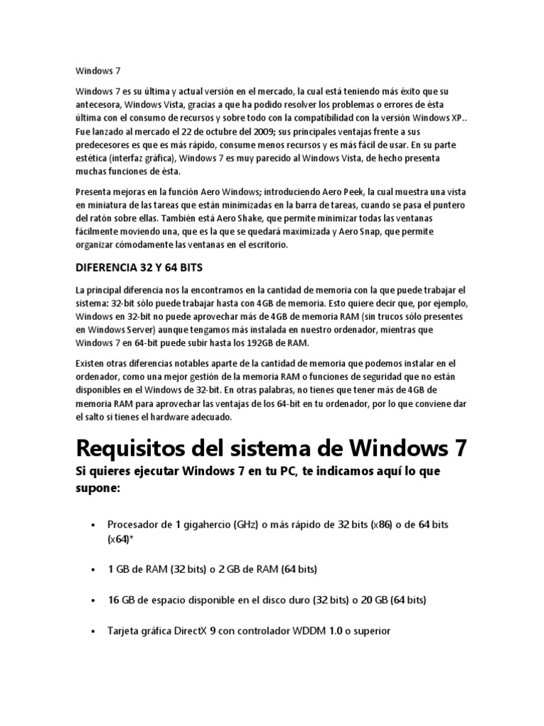 Requisitos y características de Windows 7 | PDF | Windows 7 ...