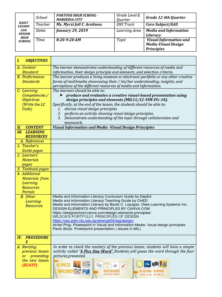 Daily Lesson Log-VISUAL DESIGN PRINCIPLES (Classroom Observation ...