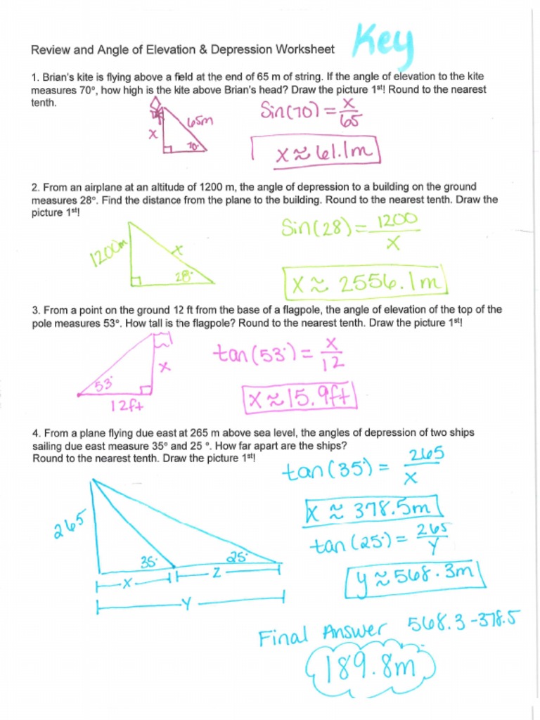 Review and Angle of Elevation Depression Worksheet Key | PDF